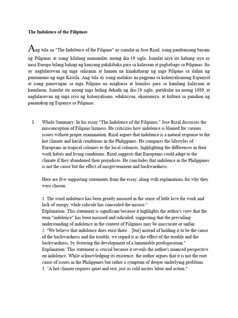 Rizal's Critique of Filipino Indolence | PDF | Philippines ...