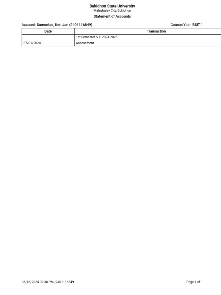Statement of Accounts Account: Sumontao, Kerl Jan (2401116849) Course/Year: BSIT 1 | PDF