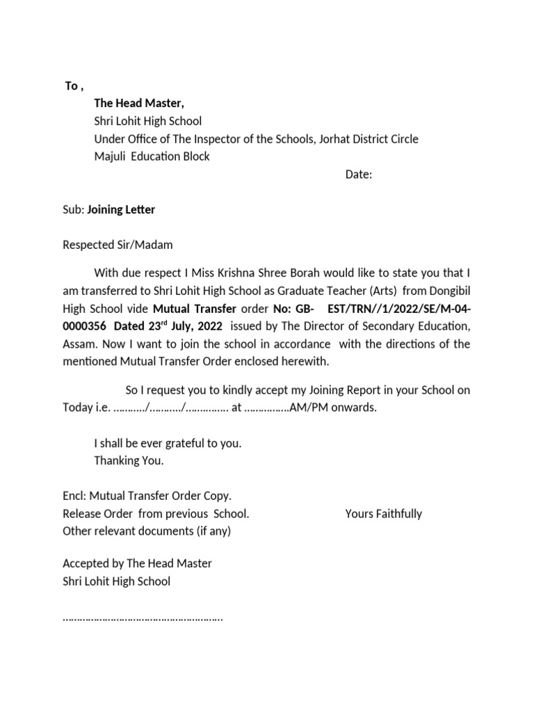 Teacher Joining Letter After Transfer | PDF