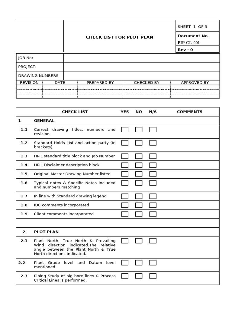 PIP-CL-001 Rev 0 Check List For Plot Plan | PDF