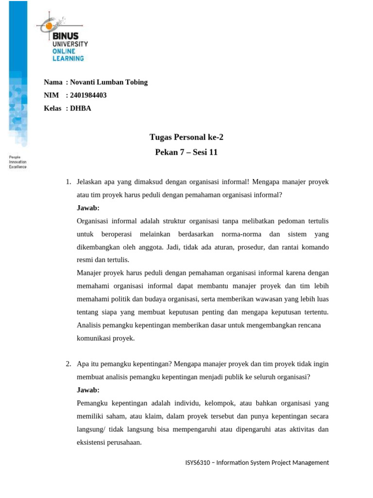 Tugas Personal Ke-2 Pekan 7 - Sesi 11: Nama: Novanti Lumban Tobing NIM: 2401984403 Kelas: DHBA | PDF