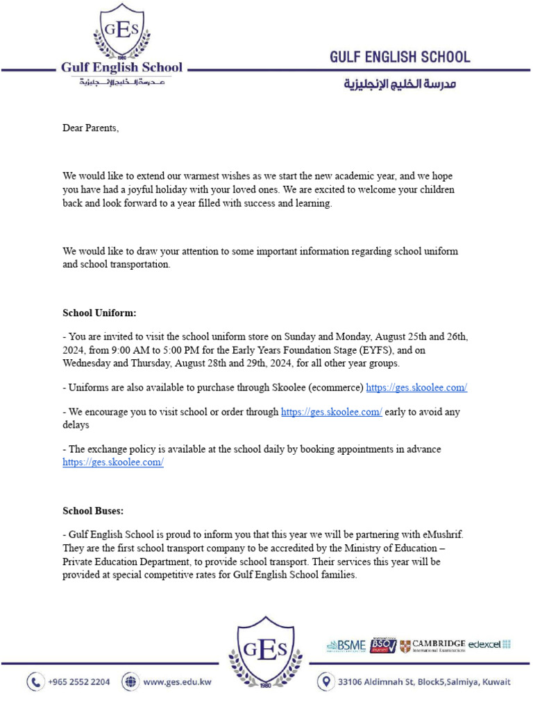 GES - School Uniform and Bus Letter - English | PDF