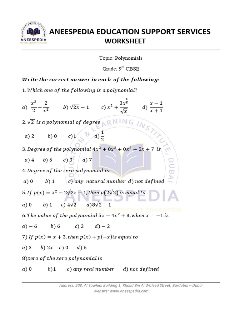 9th Grade Polynomials Worksheet | PDF