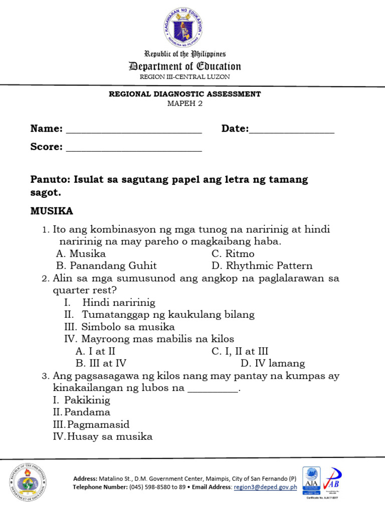 Mapeh Diagnostic | PDF
