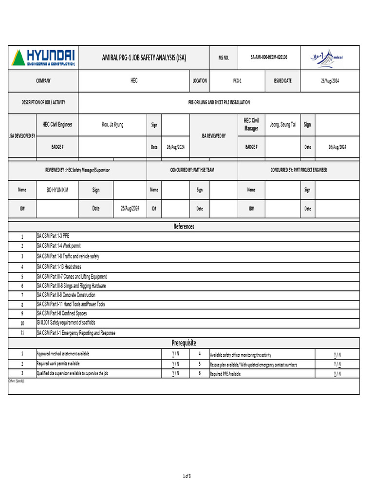 JSA Pre-Prilling and sheet Pile Installation | PDF