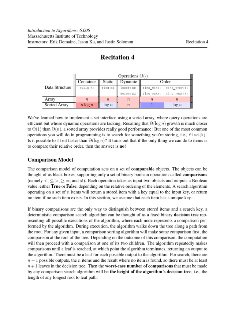 Introduction To Algorithms, Recitation 4 | PDF | Time Complexity | Algorithms