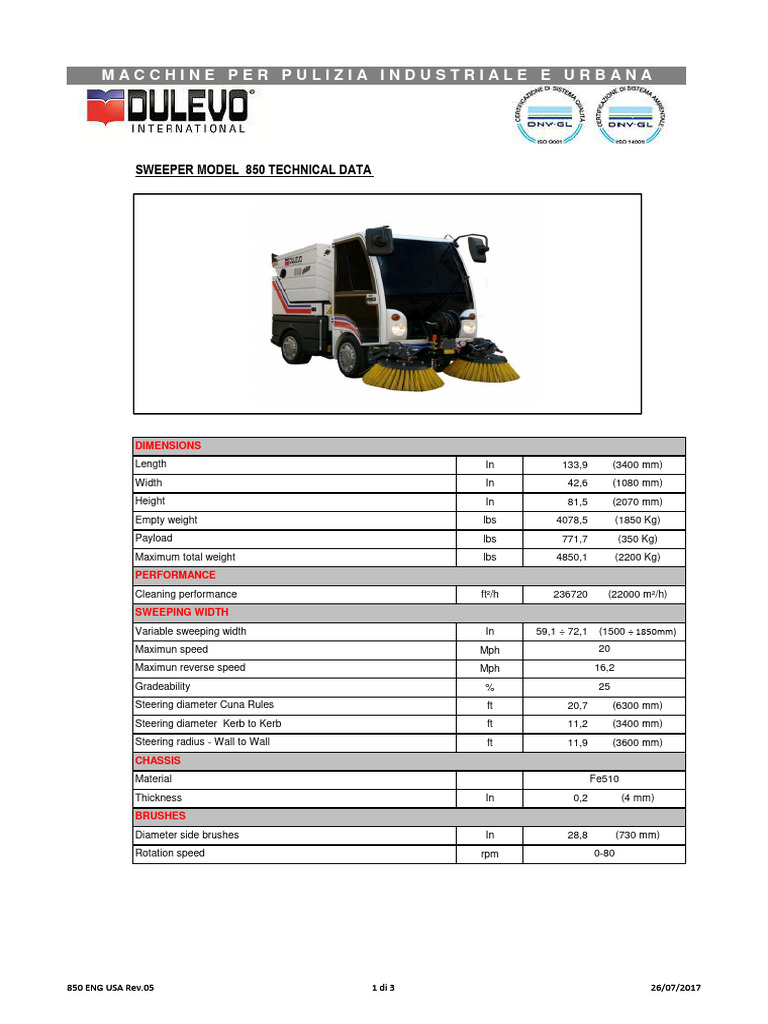 Dulevo-850-Technical-Data | PDF