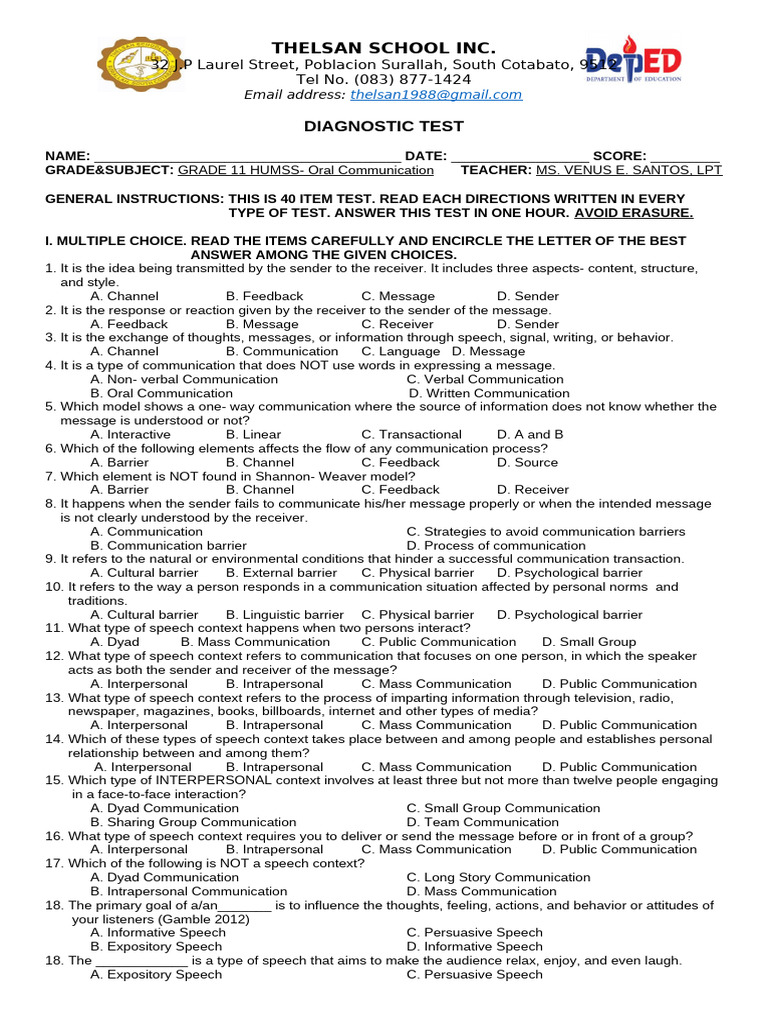Diagnostic Test (Oral Comm. & Media Info.) | PDF