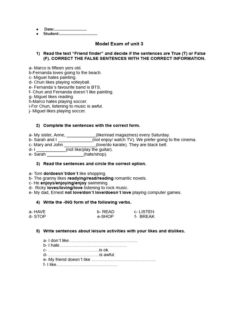 Model Exam 2nd Year Unit 3 | PDF