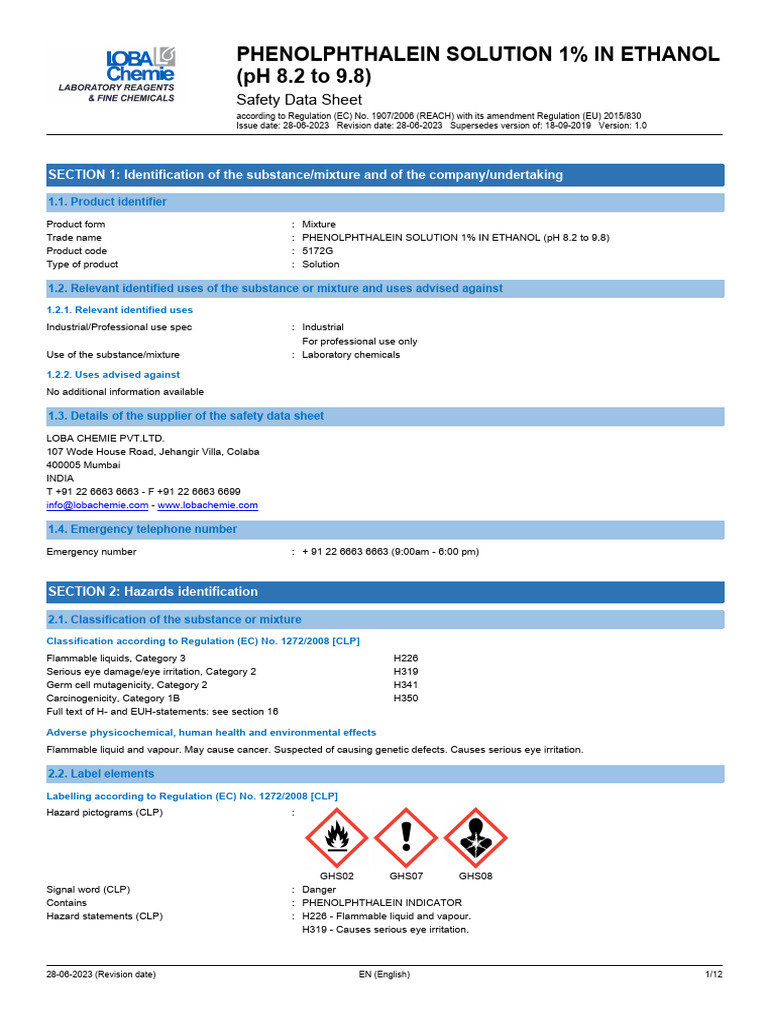 MSDS Phenolphthalein Solution 1 in Ethanol PH 82 To 5172G EN - Aspx | PDF | Dangerous Goods ...