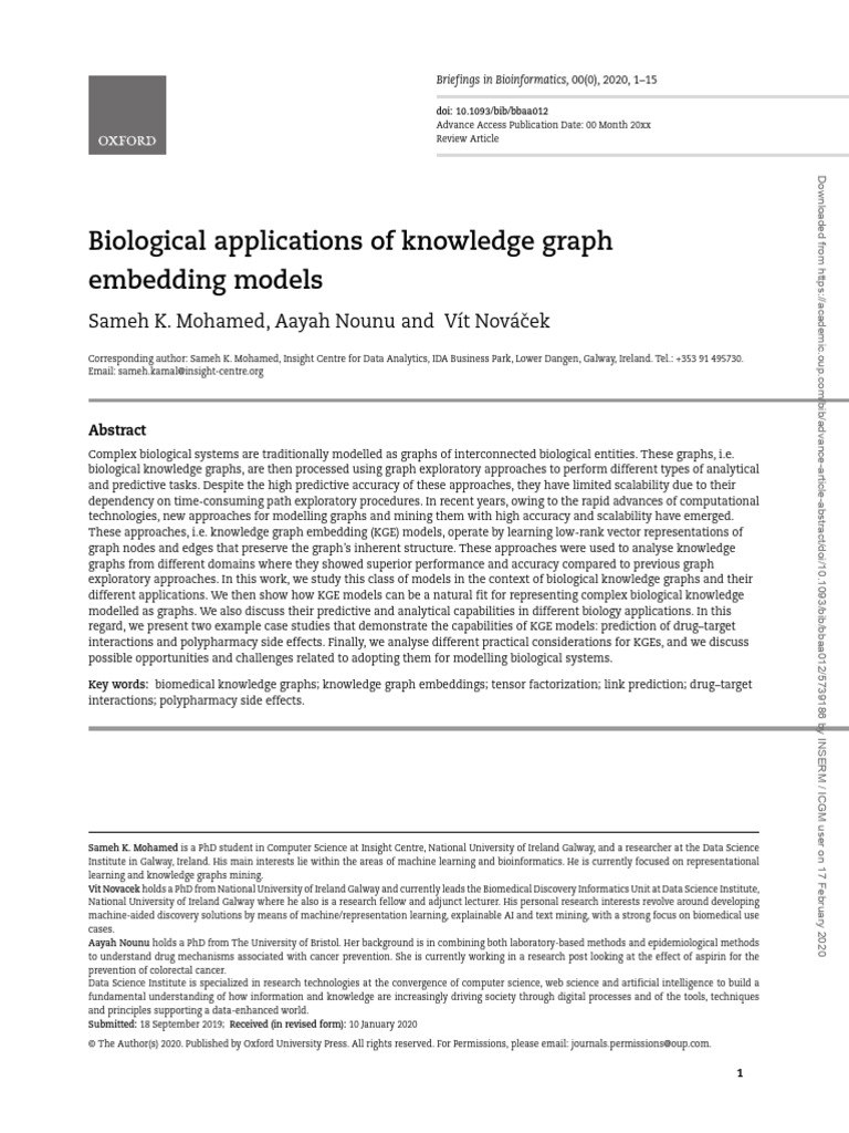 Biological Applications of Knowledge Graph Embedding Models | PDF