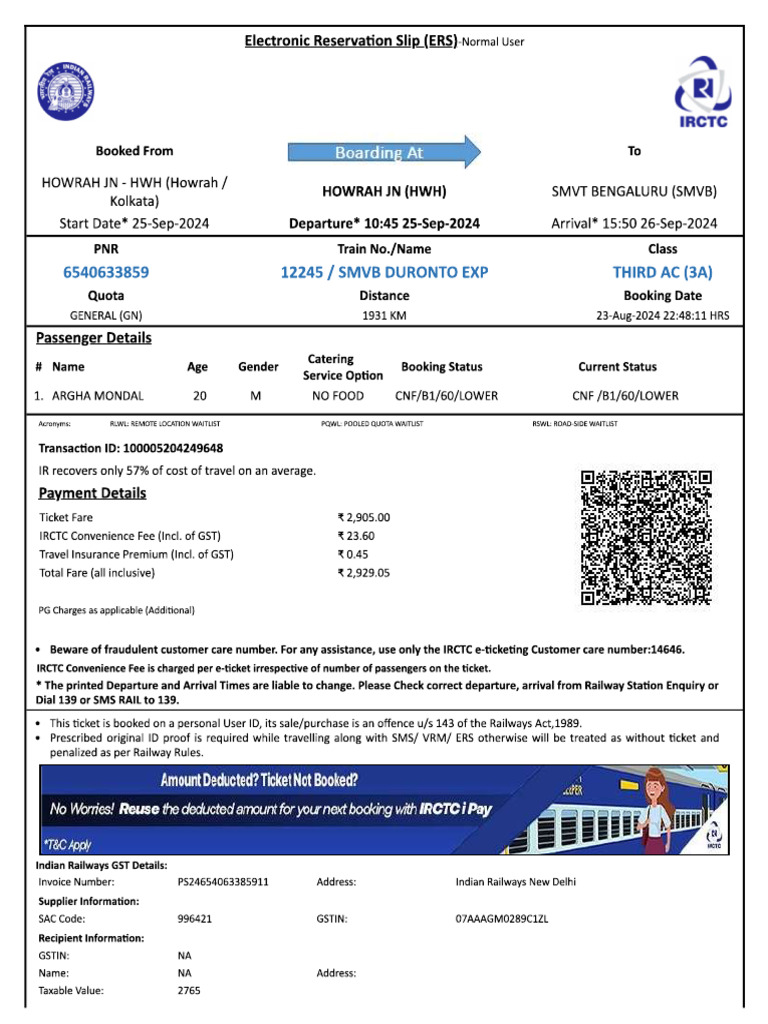 Argha Mondal Train Ticket | PDF