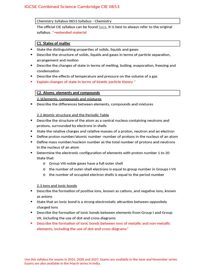 2025 2027 Combined Science CIE 0653 Chemistry | PDF