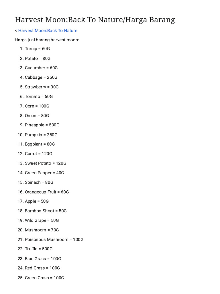 Harvest Moon - Back To Nature - Harga Barang - Wikibuku Bahasa ...