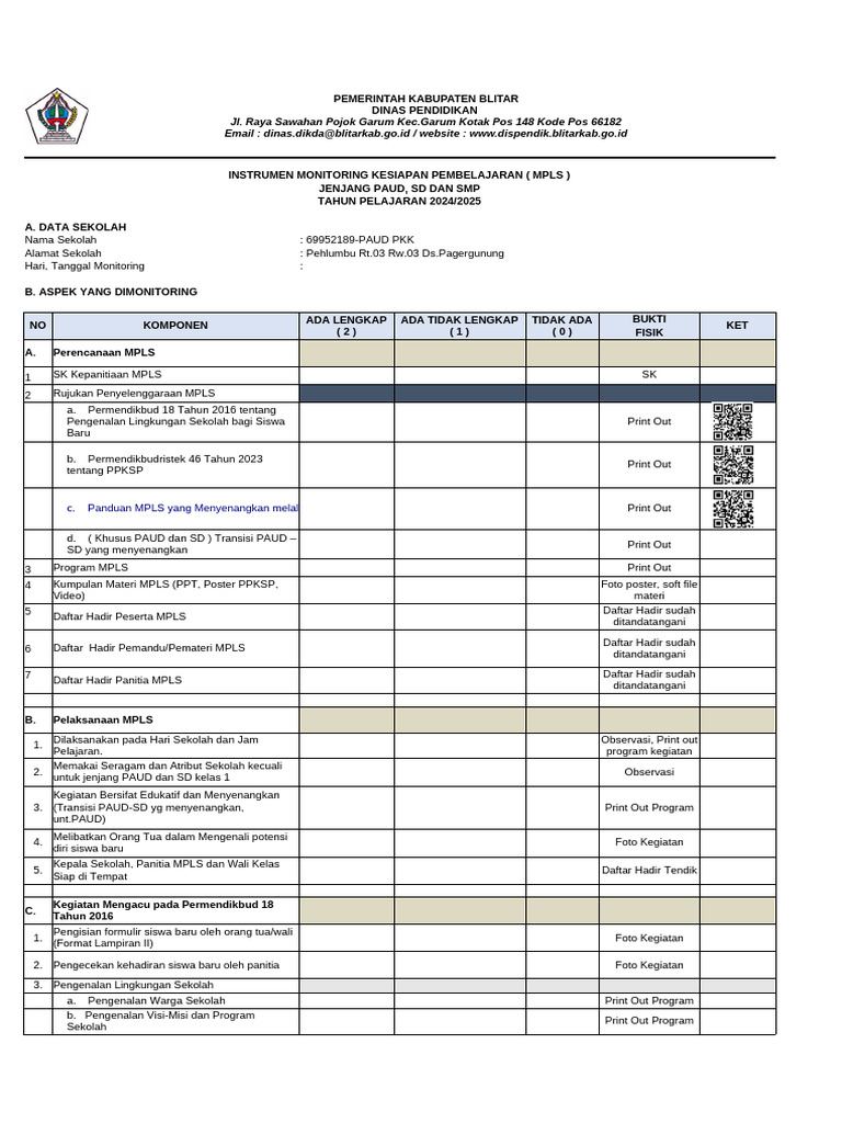 Instrumen Monitoring Awal Semester 1 - 2024-2025 | PDF