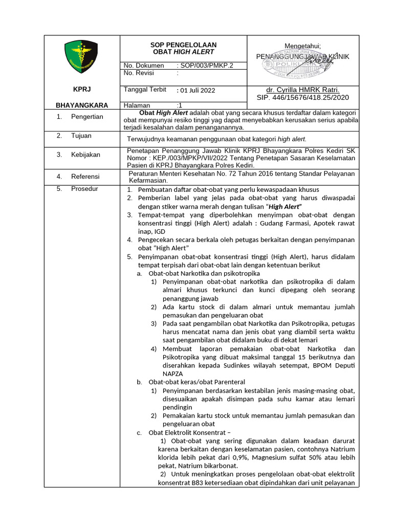 Sop Pengelolaan Obat High Alert Pdf