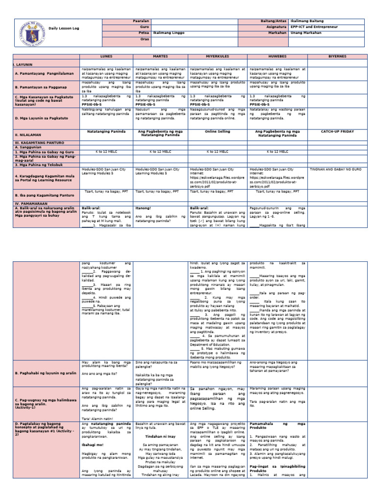DLL Week 5-Q1 Epp-Ict 5 | PDF