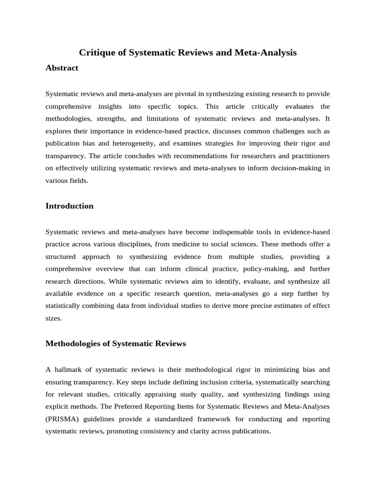 Critique of Systematic Reviews and Meta | PDF