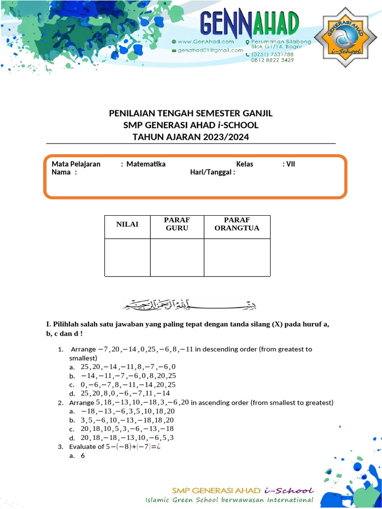 Soal PTS Ganjil Matematika 7 | PDF
