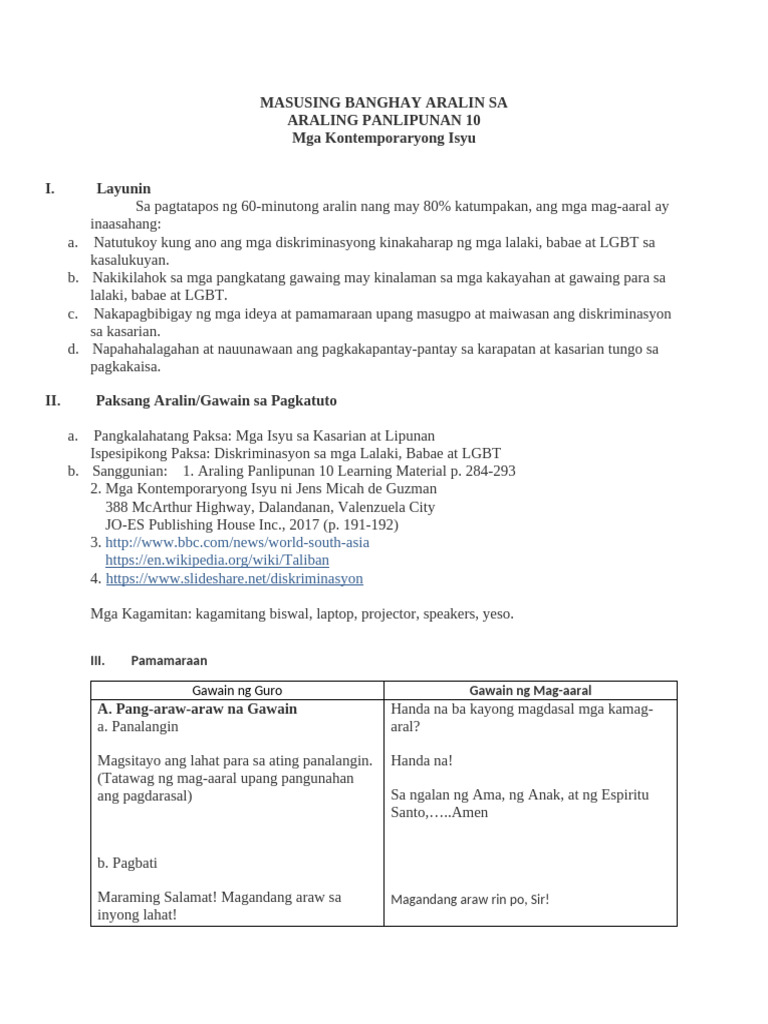 Masusing Banghay Aralin Sa Araling Panlipunan | PDF | Lgbt | Social Science