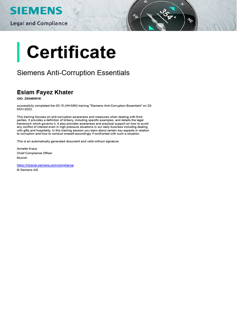 Certificate_ Siemens Anti-Corruption Essentials | PDF