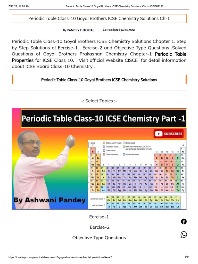 Periodic Table Class-10 Goyal Brothers ICSE Chemistry Solutions Ch-1 ...