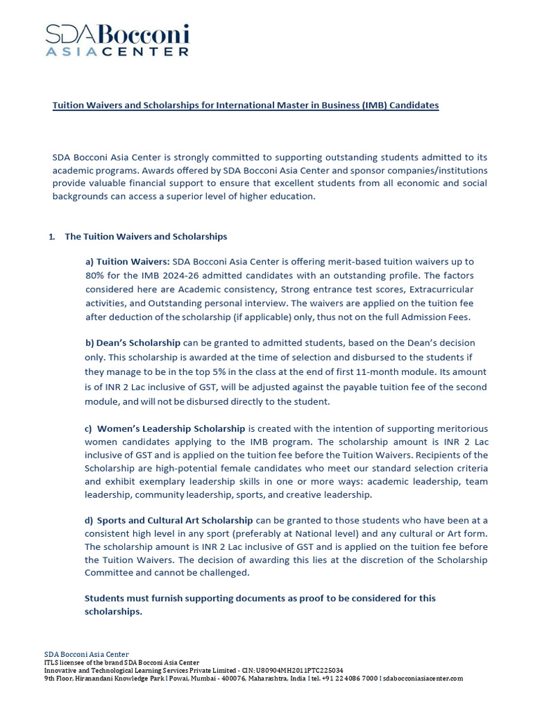 Tuition Waiver and Scholarships IMB 2024 26 | PDF