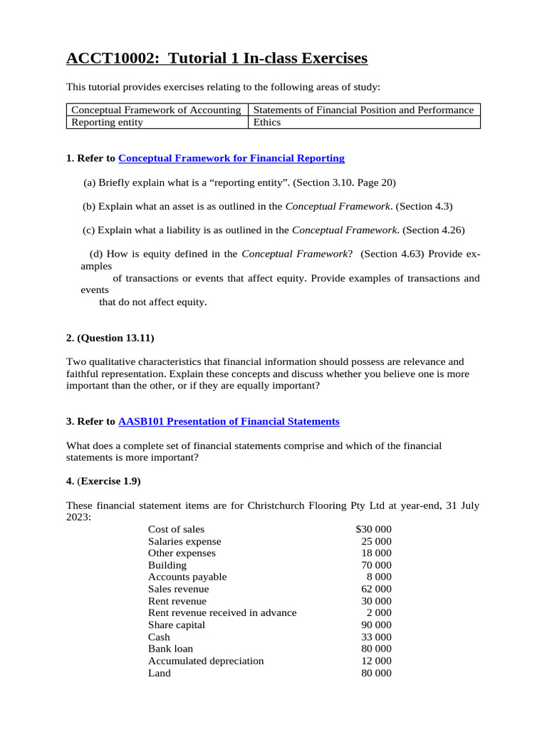 ACCT10002 Tutorial 1 In-Class Exercises | PDF