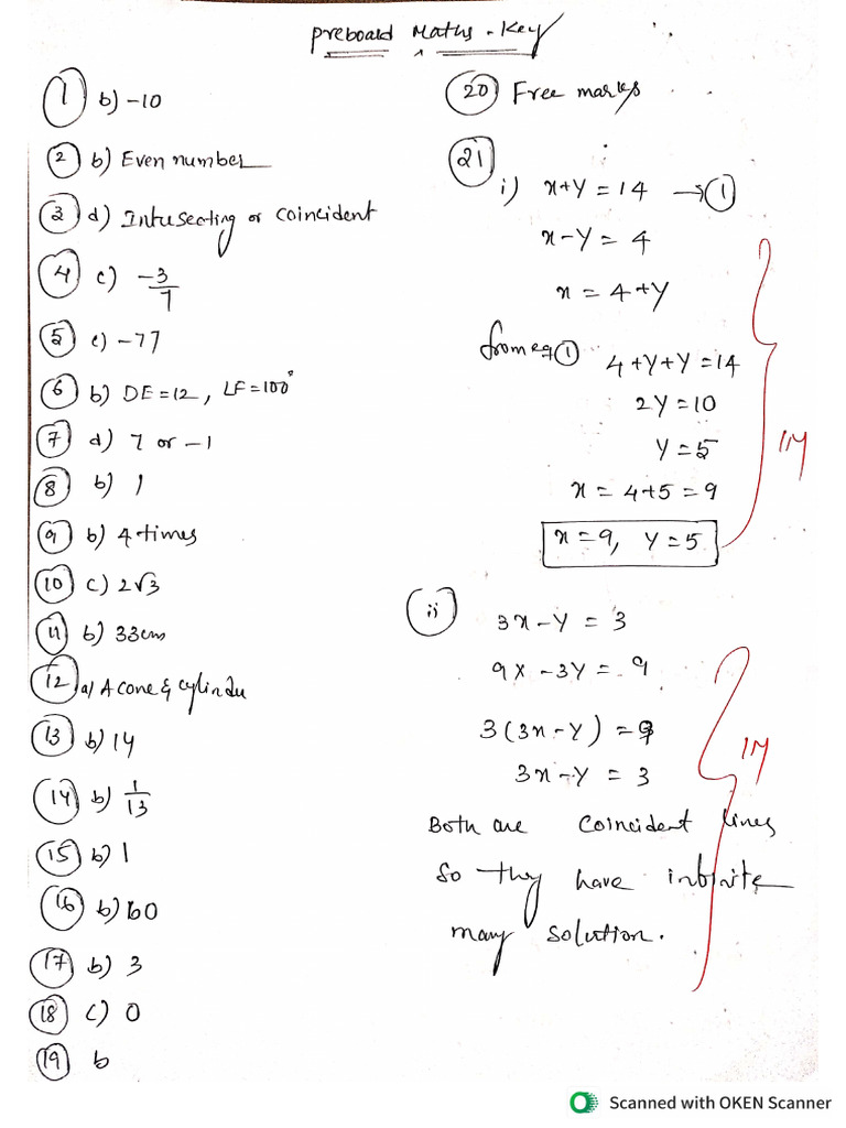 Preboard Maths Key | PDF
