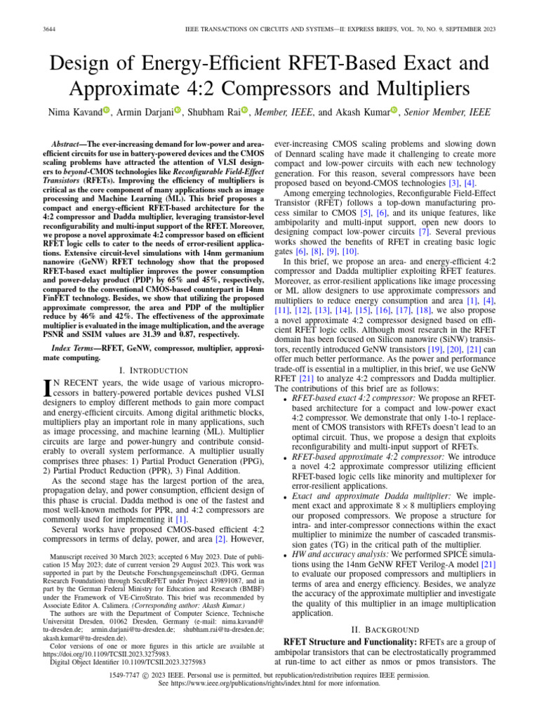 Design of Energy-Efficient RFET-Based Exact and Approximate 42 Compressors and Multipliers | PDF ...