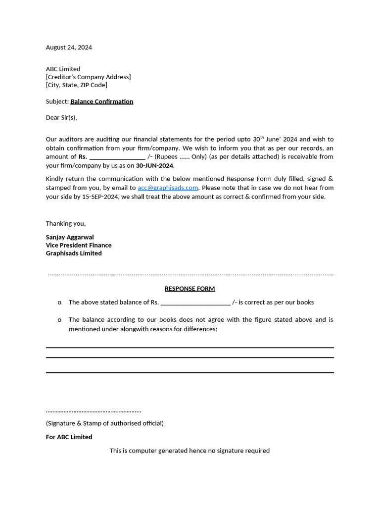 Balance Confirmation Letter | PDF