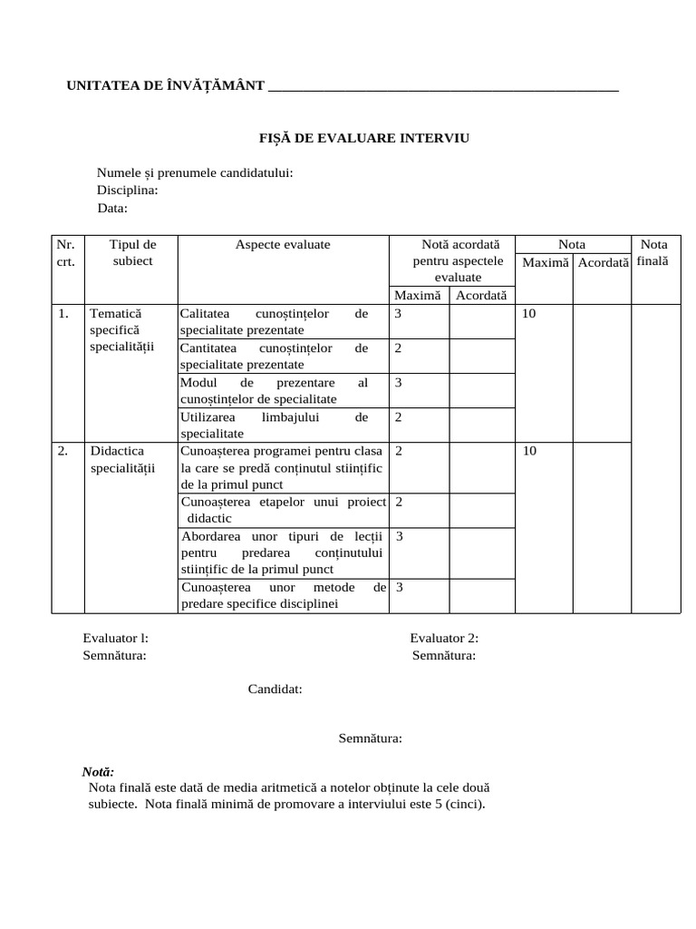 Anexa 2 - Model Fisa de Evaluare Interviu | PDF