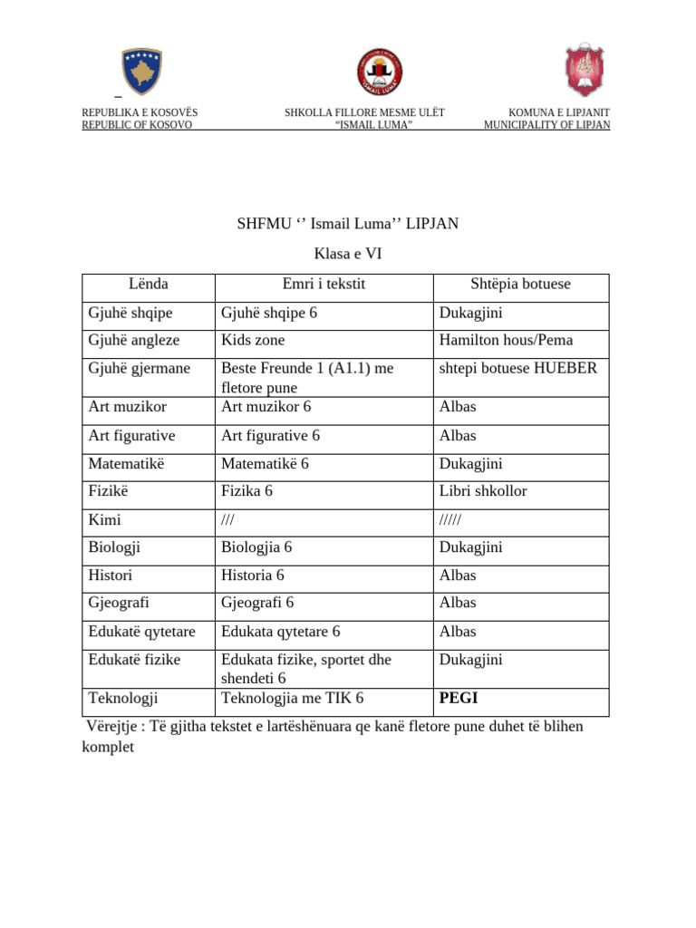 Librat Sipas Klasave 6-9 | PDF