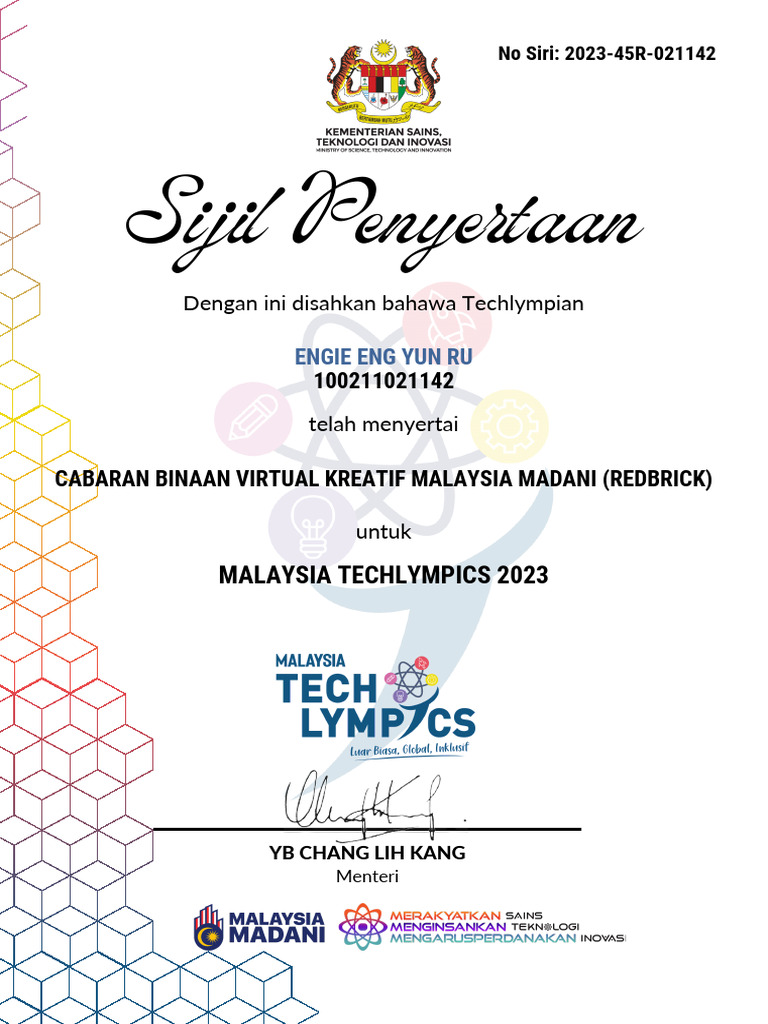 Sijil Penyertaan: Malaysia Techlympics 2023 | PDF