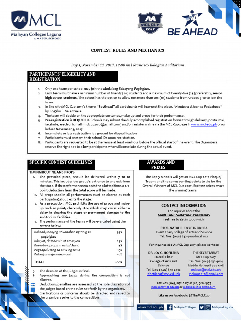 2 MCL CUP 2017 Madulang Sabayang Pagbigkas Mechanics | PDF