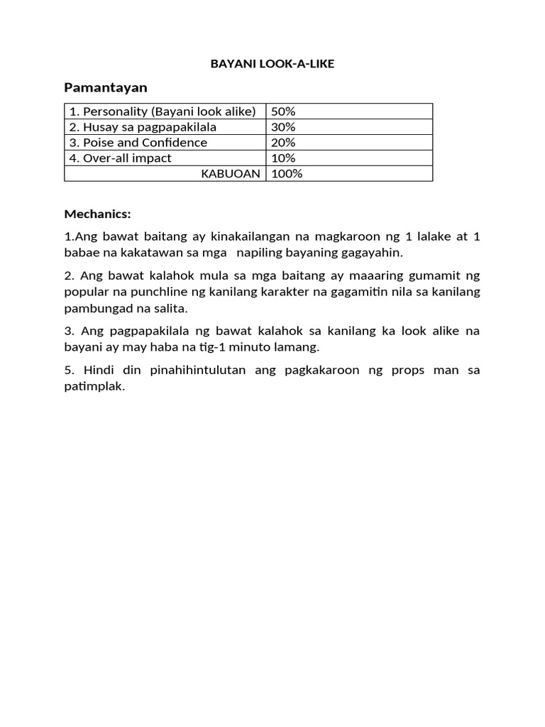 Pamantayan Sa Paligsahan | PDF