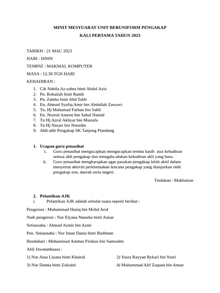 Minit Mesyuarat Unit Beruniform Pengakap | PDF