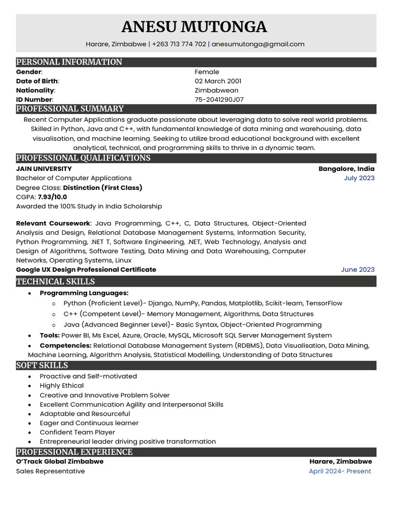 Mutonga Anesu - CV | PDF | Databases | Computer Programming