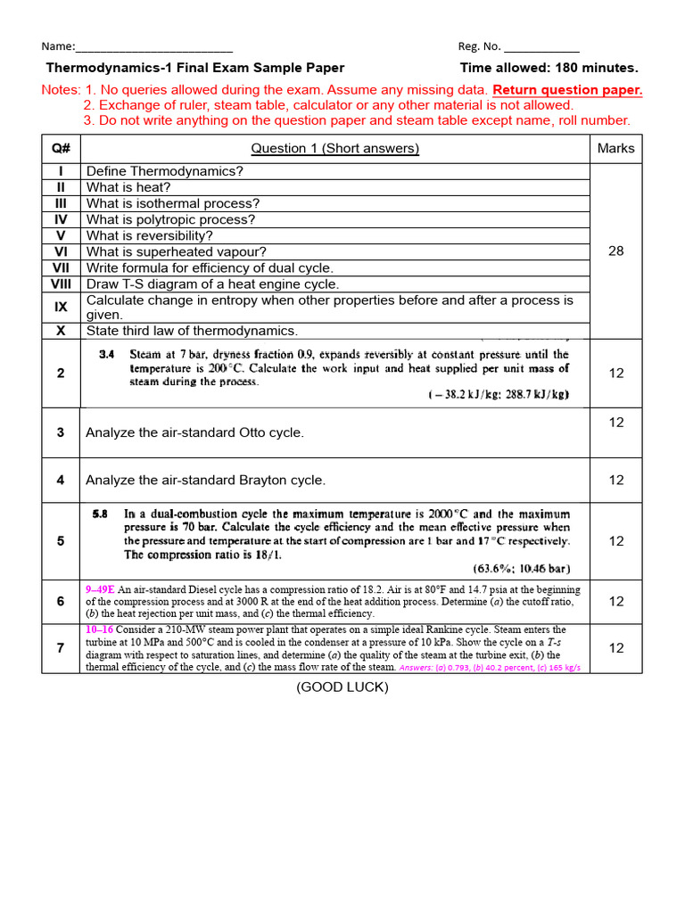 Thermo-1 Final EXAM SAMPLE | PDF