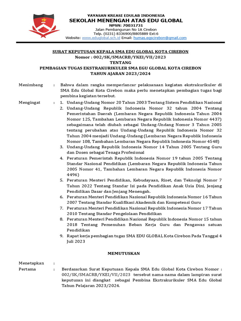 002 - SK Pembina Ekstrakurikuler TA 2023-2024 | PDF