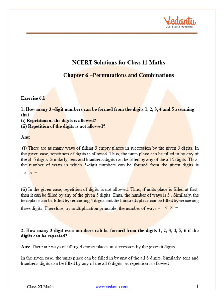 NCERT Solutions For Class 11 Maths Chapter 6 - Permutations and Combinations PDF | PDF