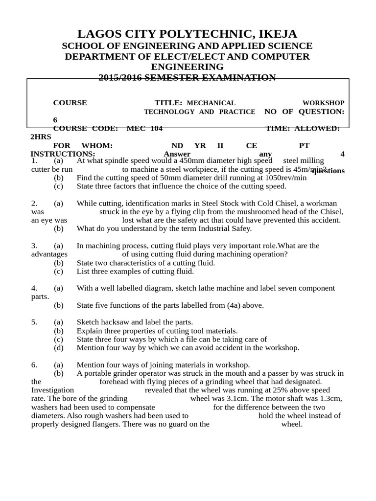 Mec 104 ND Yr II Ce Mechanical Workshop Technology and Practice | PDF