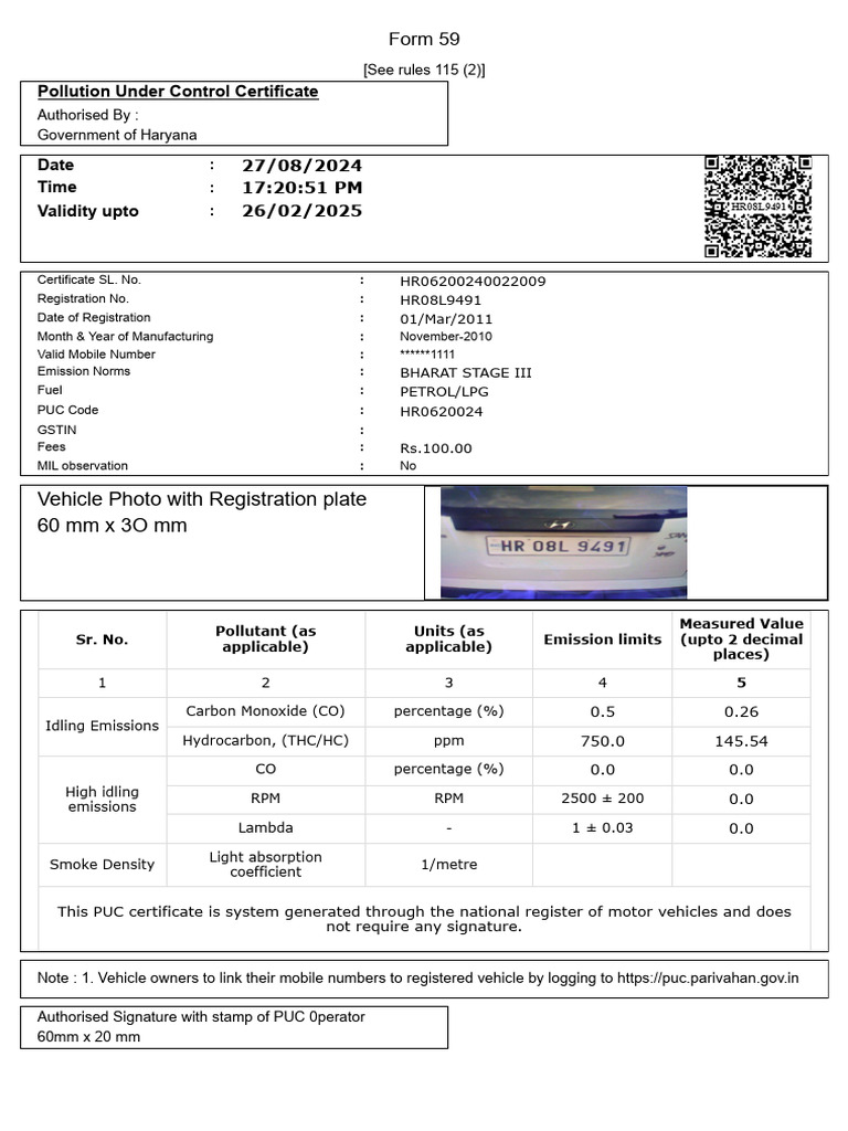 Vehicle Photo With Registration Plate 60 MM X 3O MM: Form 59 | PDF