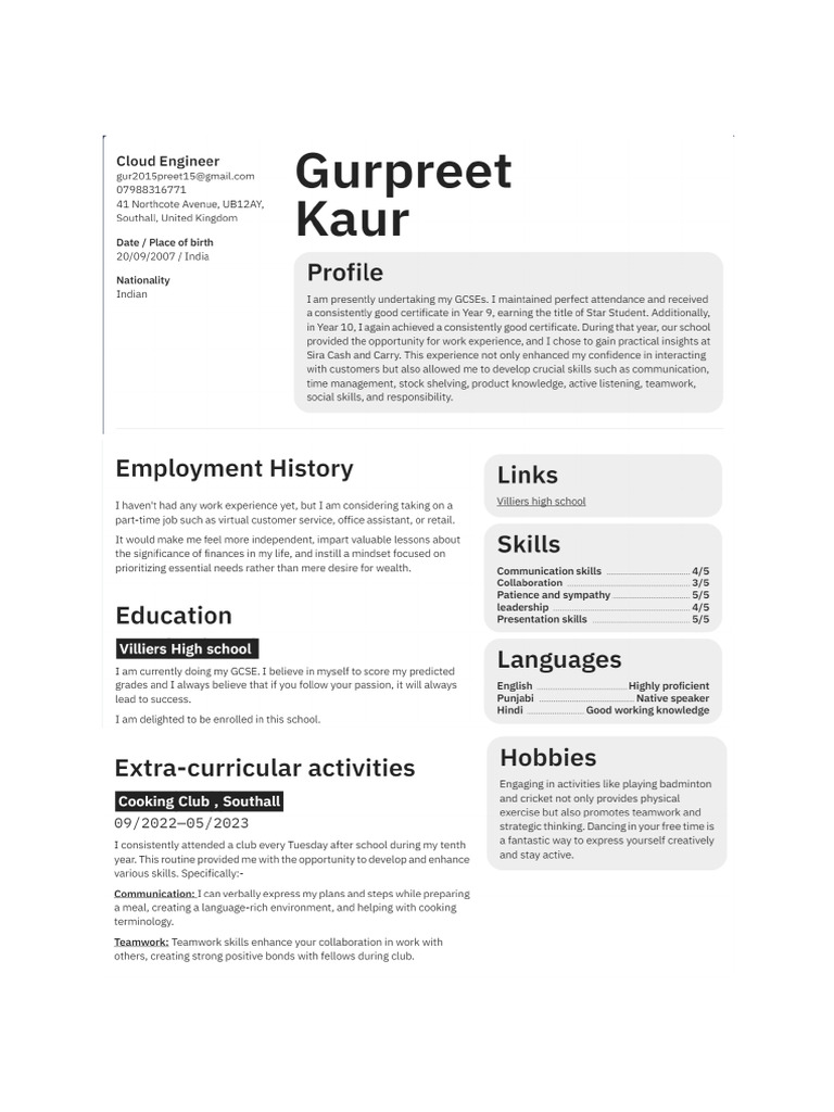 CV Year 11 | PDF