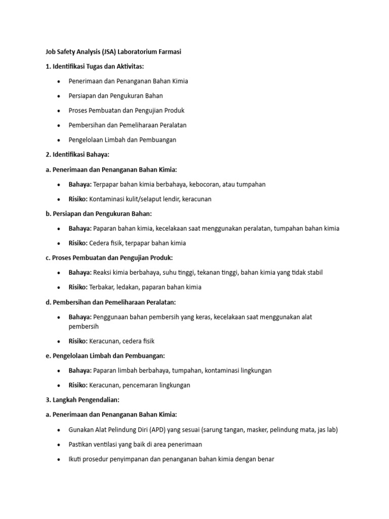 Job Safety Analysis laboratorium farmasi | PDF