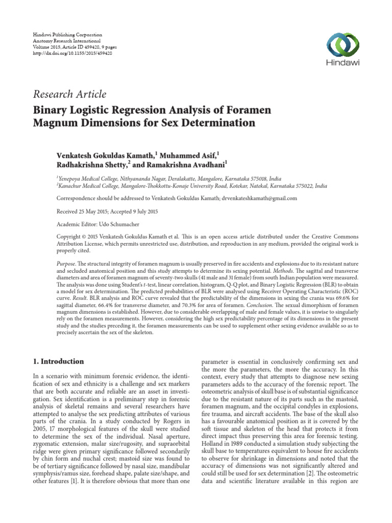 Binary Logistic Regression Analysis of Foramen | PDF