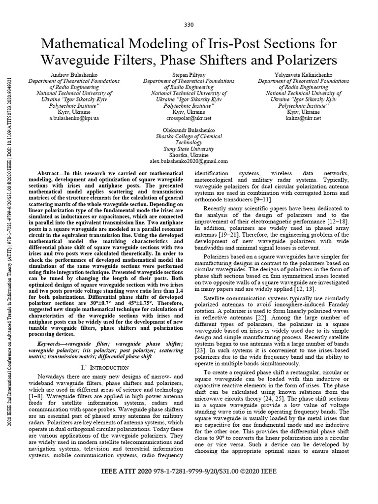 Mathematical Modeling of Iris-Post Sections For Waveguide Filters Phase ...