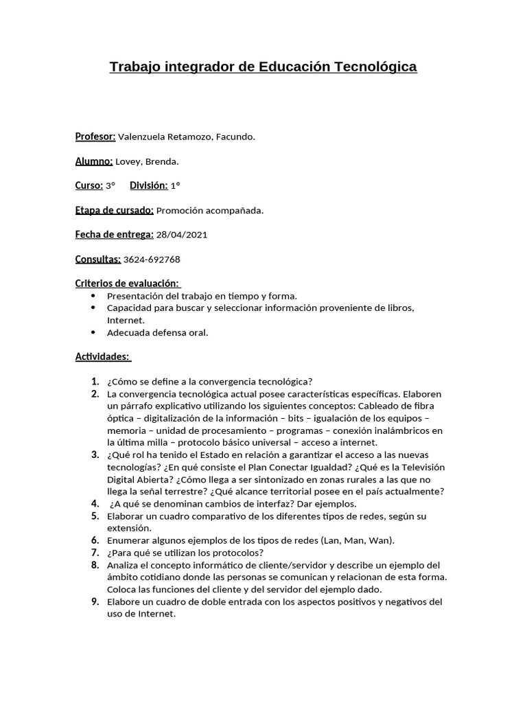 Trabajo Integrador de Educación Tecnológica. RESPUESTAS | PDF