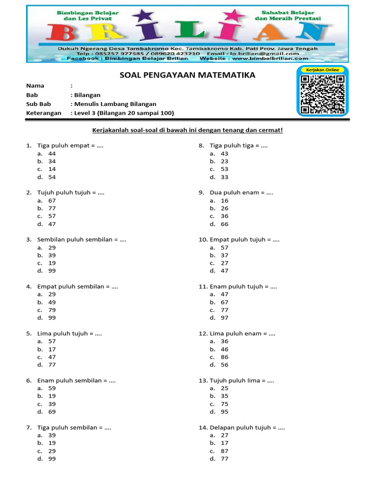 Soal Pengayaan Matematika Menulis Lambang Bilangan Level 3 (Bilangan 20 ...