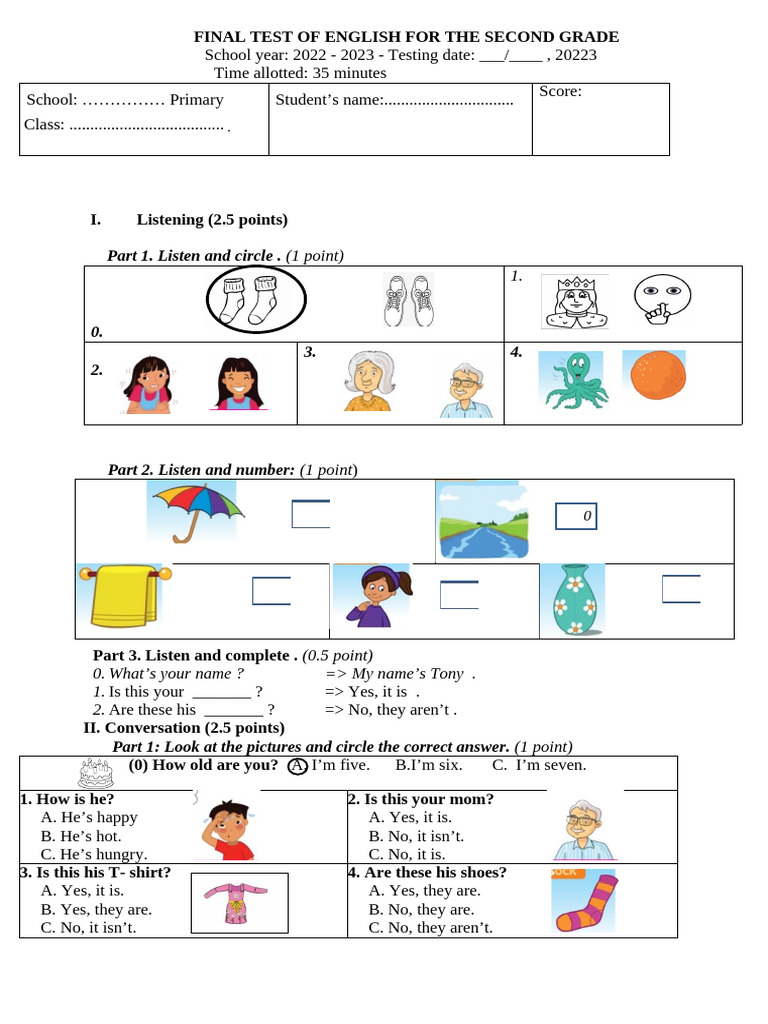 Final Test of English For The Second Grade | PDF